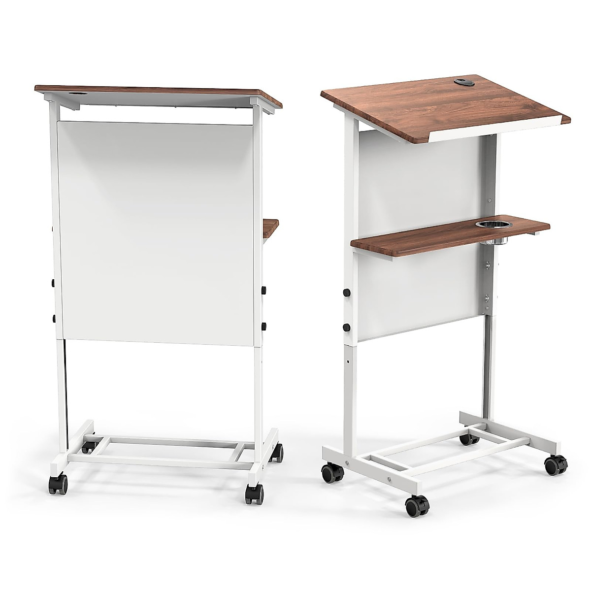 Bonnlo Mobile Stand Up Lectern Height Adjustable Podium with Wheels, Portable Heavy Duty Desk, Church Pulpit or Ceremony, Classroom Lecture Speech Teach Platform, Walnut Tabletop and White Steel Frame