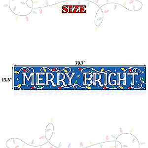 Merry Bright Banner Christmas Winter Holiday Fabric Garland Navy Blue Stars String Lights Hanging Sign Backdrop Photo Props for Wall Fence Fireplace Indoor Outdoor Home Decor Xmas Party Supplies