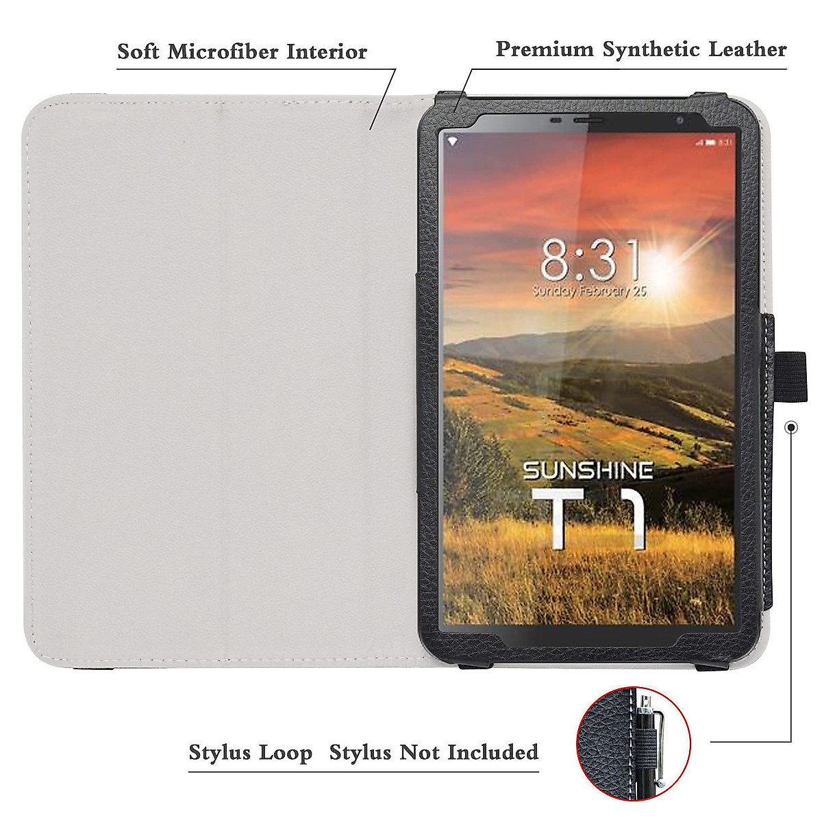 Bige for Sunshine T1 Elite Case,Sky Pad 8 Case,Foxx T8 Case,Hyudai Hytab Plus 8WB1 Case,Scepter 8 Case,PU Leather Folio 2-Folding Stand Cover for Sunshine T1 Elite 8" Tablet,Black