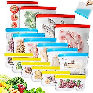 16 Pack Reusable Food Storage Bags BPA FREE,Leakproof Silicone Freezer Bags for Lunch Marinate Food Travel - 4 Gallon 6 Sandwich 6 Snack Bags