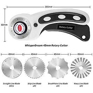 WhisperDream 45mm Rotary Cutter - White Rotary Cutter with Ergonomic Safety Design - 8 Extra Replacement Blades Included, 45mm Rotary Cutter Great for Sewing, Quilting Supplies, Fabric and Crafts
