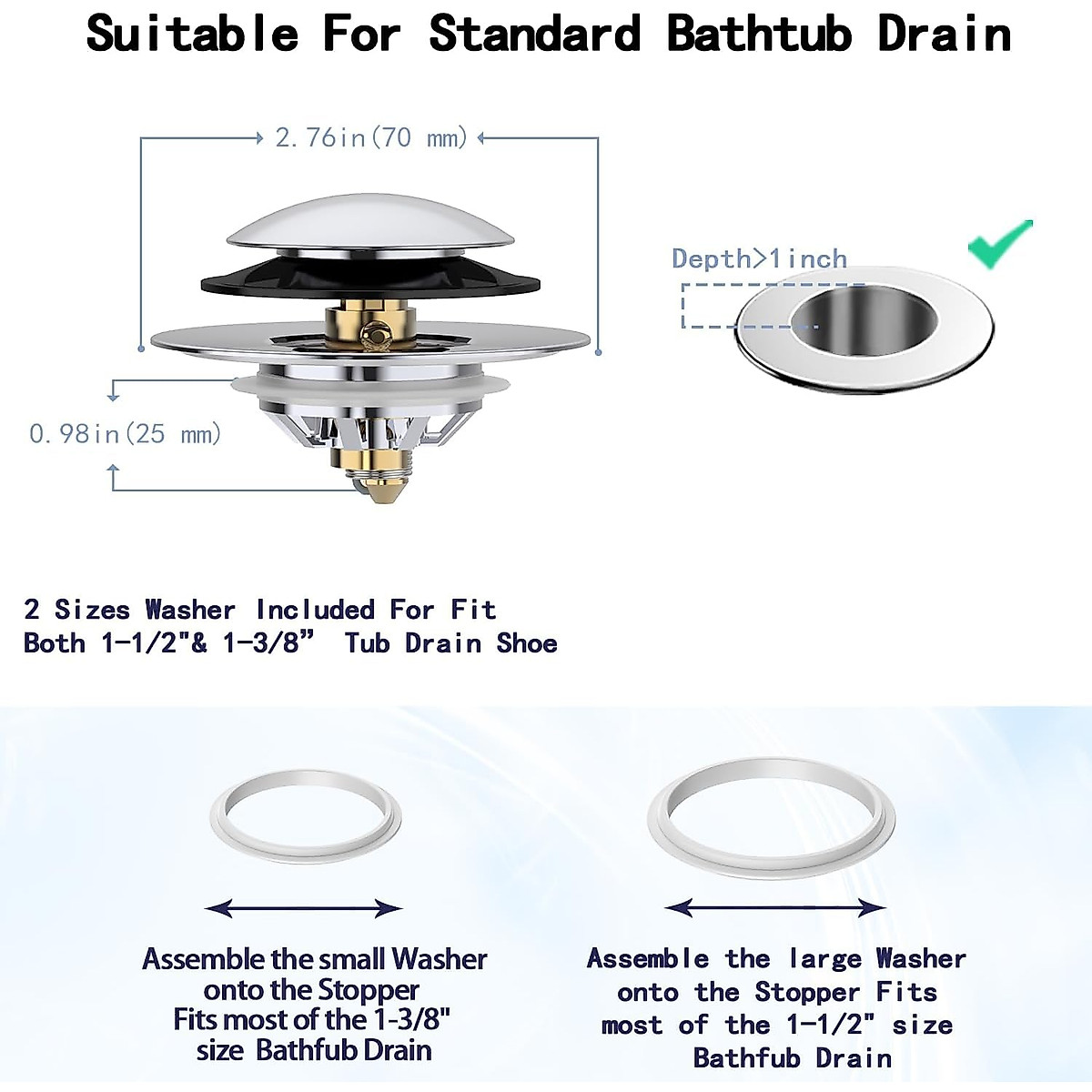 GEKJDMER Universal Tub Stopper Bathtub Drain，Pop Up Bath Drain Tip Toe Bathtub Drain Stopper，Replaces Bath Tub Lift and Turn, Tip-Toe and Trip Lever，Easy to Install and Clean