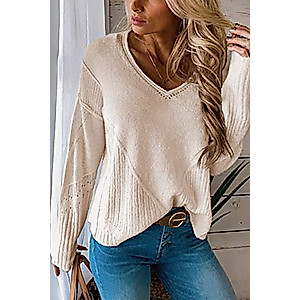 Niceyi Women's Casual Knitwear Pullover Sweater Soild Color V-Neck Loose Long Sleeve Knit Jumper Tops (Beige,Medium,Medium)