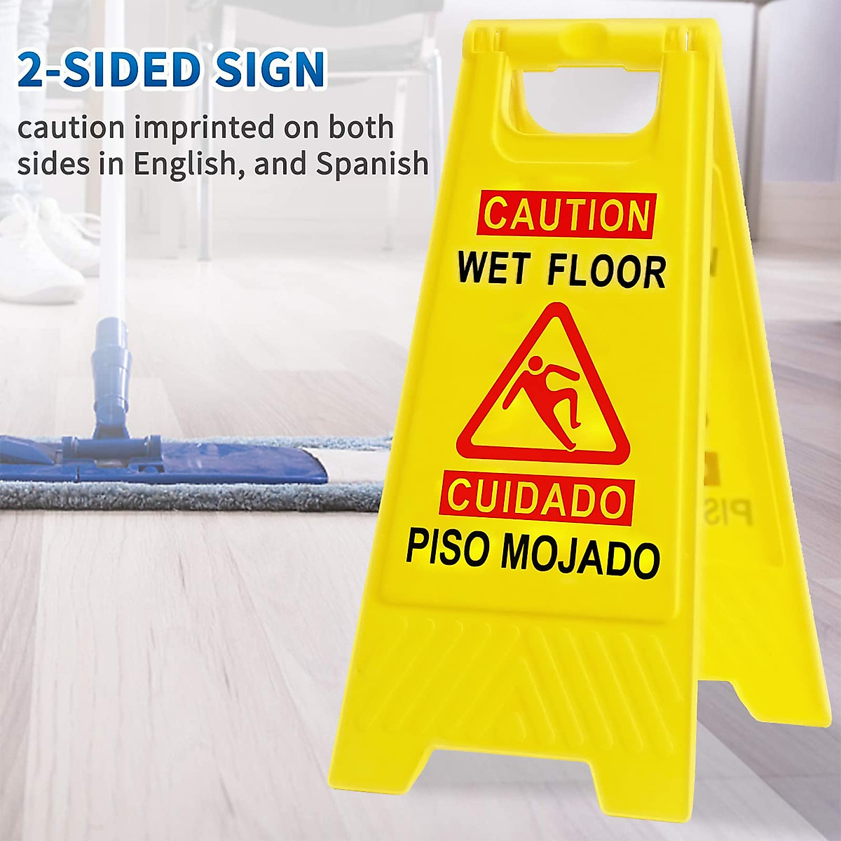 StrLon Caution Wet Floor Sign Bilingual Foldable Sturdy Warning Signs Double-Sided Safety Warning Signs (2-Pack Yellow)