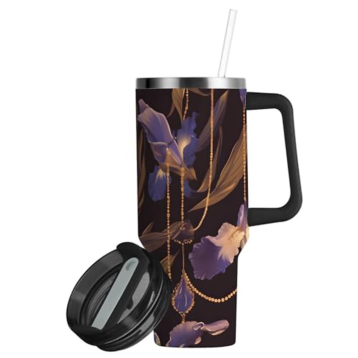 Bokkoy Iris and Chain 40 oz/30 oz Tumbler with Handle and Straw Stainless Steel Tumbler with Lid Reusable Vacuum Insulated Cup