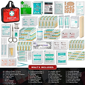 200 Pieces First Aid Kit with Hospital Grade Medical Supplies - Includes Emergency Blanket, Bandage, Scissors - Great for Home, Outdoors, Office, Car, Travel, Camping, Hiking, Boating (Red)