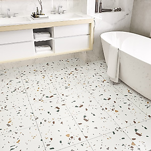 WESTICK Terrazzo Peel and Stick Floor Tile Bathroom Floor Tiles Peel and Stick Waterproof 12x12 in Self Adhesive Marble Vinyl Flooring Durable Removable Vinyl Floor Tiles for Kitchen Bedroom 5 PCS