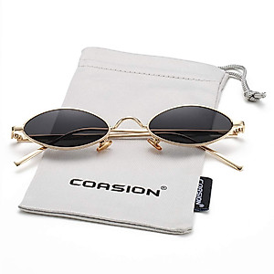 COASION Vintage Small Oval Aesthetic Sunglasses Retro for Women Men Hippie Cool Metal Frame Sun Glasses (Gold Frame/Black Lens)
