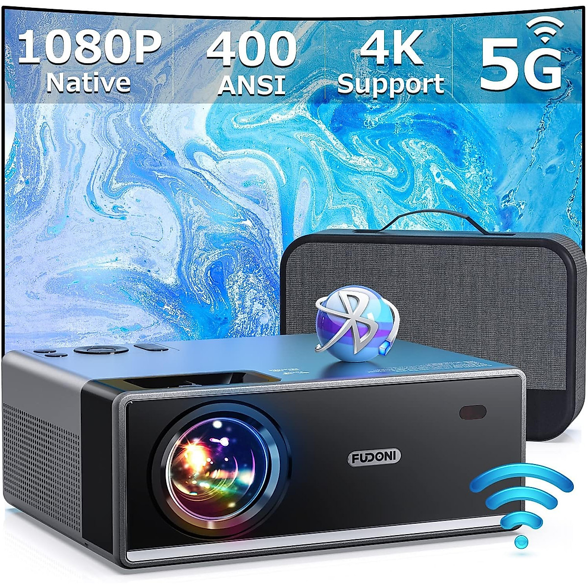 FUDONI Projector with 5G WiFi and Bluetooth, 1080P 15000L Outdoor Projector with HDMI and USB, Max 300" Display Zoom Function for Movies & Gaming, Compatible with TV Stick/Phone/Laptop