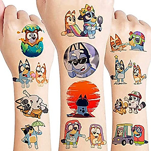 8 Sheets blueys Party Supplies Temporary Tattoos, (136pcs) Birthday Party Supplies Favors Super Cute Fake Tattoos Stickers Party Decorations Boys Girls School Rewards Gifts