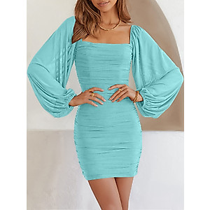 ANRABESS Women Long Sleeve Square Neck Mesh Ruched Bodycon Mini Dress Party Club Cocktail Formal Wedding Guest Short Dresses Blue Large