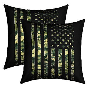 Set of 2 Camo American Flag Throw Pillow Covers 18x18 Inch, Green Camouflage Pillow Covers for Adults Kids Boys, Black Vintage Army Militarily Cushion Covers, Geometric Star Stripe Flag Cushion Cases