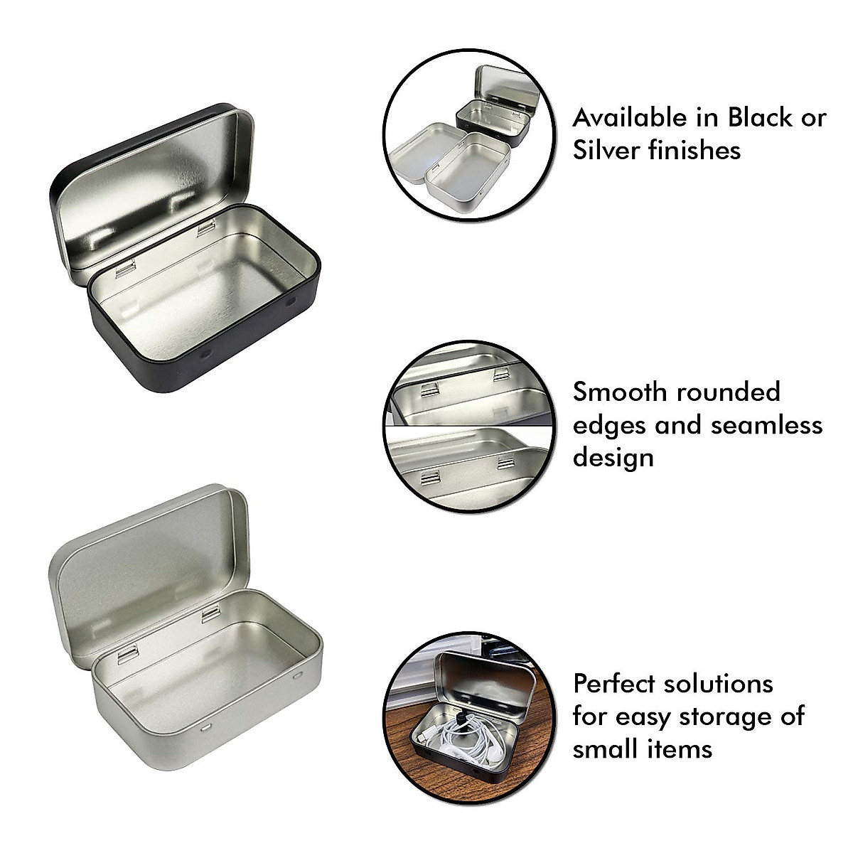4 Pack Metal Rectangular Empty Hinged Tins Box Containers 3.75 by 2.45 by 0.8 Inch Silver & Black Mini Portable Box Small Storage Kit Home Organizer (2 Black 2 Silver)