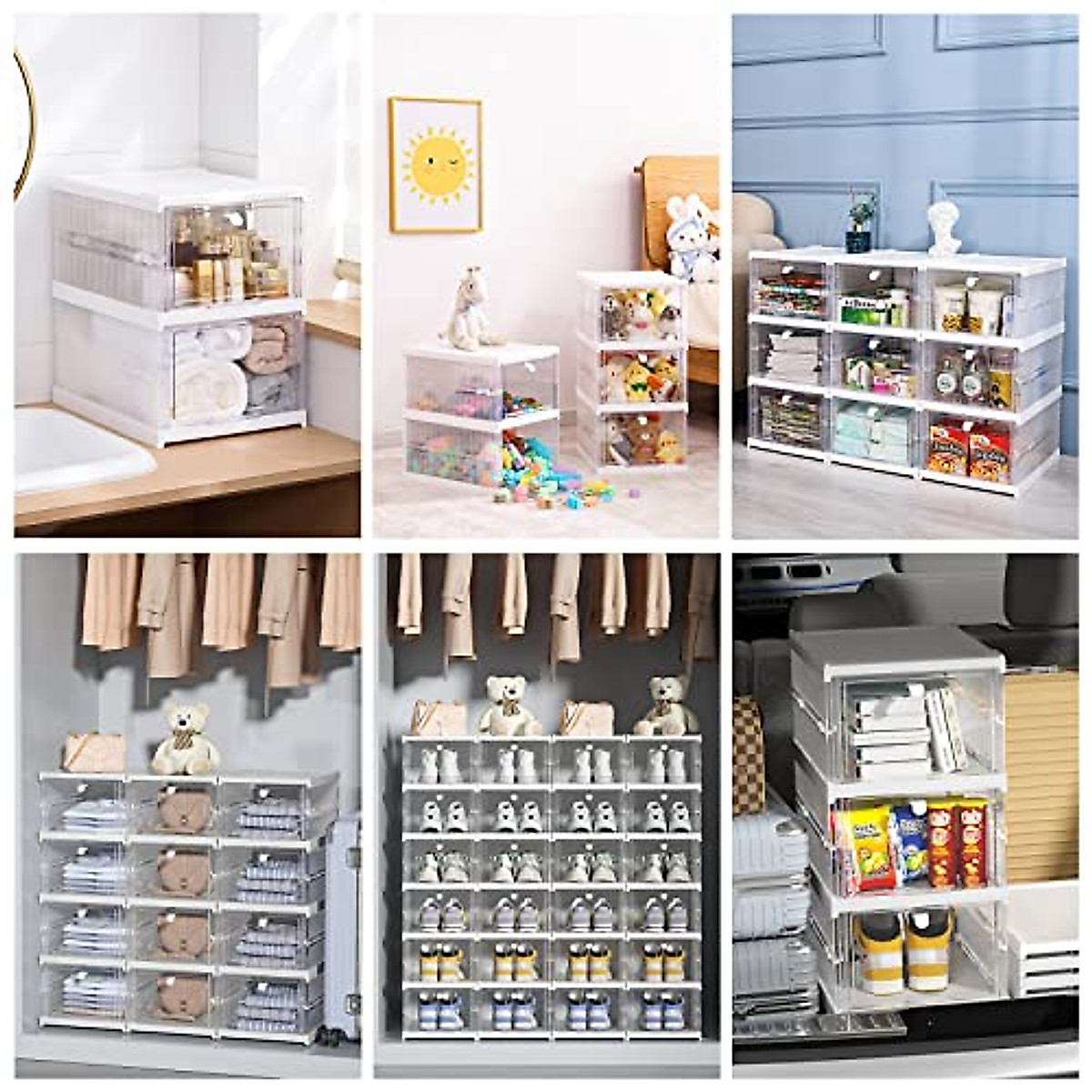 Plastic Storage Bins with Lids - Shoe Storage Shoe Organizer Shoe box Sneaker Storage Collapsible Storage bins Stackable Storage Totes Storage Container for Organizing Foldable Storage Bins (3 Layers)