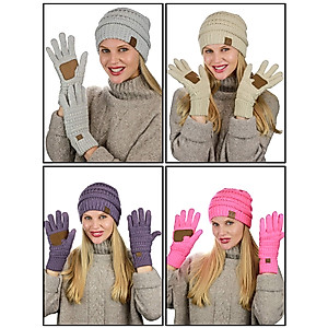 C.C Unisex Soft Stretch Cable Knit Beanie and Anti-Slip Touchscreen Gloves 2 Pc Set, Ivory