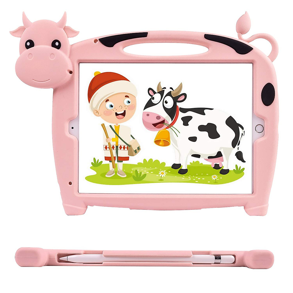 Kids Case for New iPad 9th/8th/7th Generation, iPad 10.2 2021 2020 2019 Case, CHIN FAI Cute Cow Slim Lightweight Shockproof Silicone Handle Stand Protective Cover for iPad 10.2/10.5 Inch (Pink)