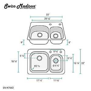 Ouvert 33 x 22 Stainless Steel, Dual Basin, Top-Mount Kitchen Sink