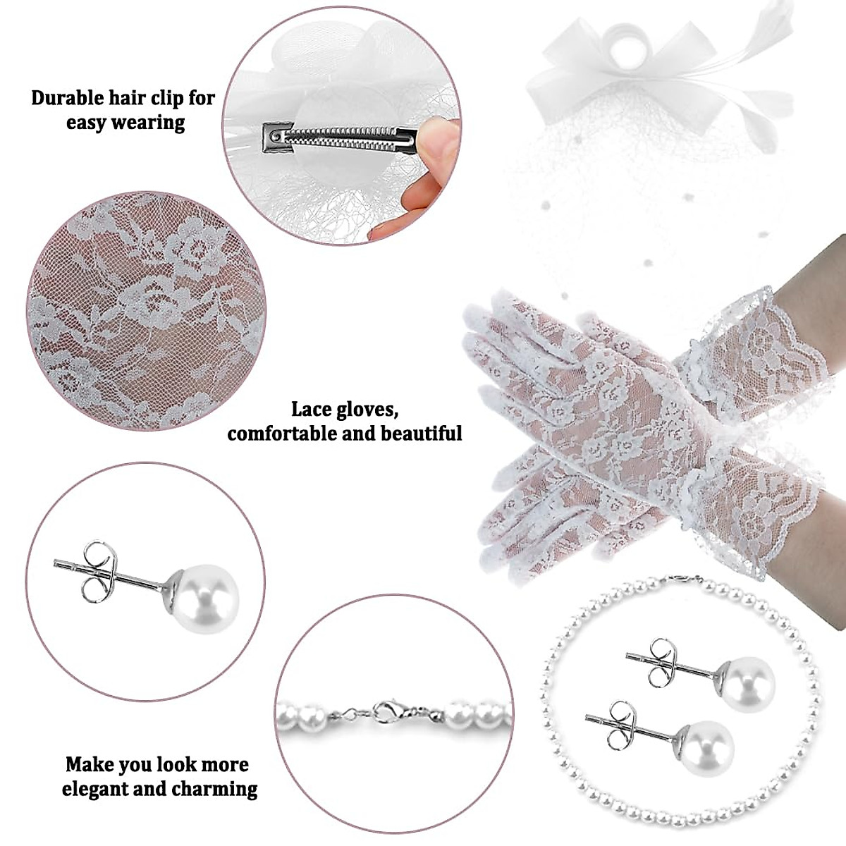 4 Pieces Fascinators Hat for Women Tea Party Hat Feathers Veil Mesh Hat Lace Gloves Bridgerton Accessories for Women Pearl Choker Necklace for Wedding Cocktail Kentucky Fascinator Headband for Women