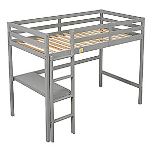 LCH Loft Bed with Built-in Desk, Solid Wood Frame for Kids Teens Adults (Twin Size, Grey)
