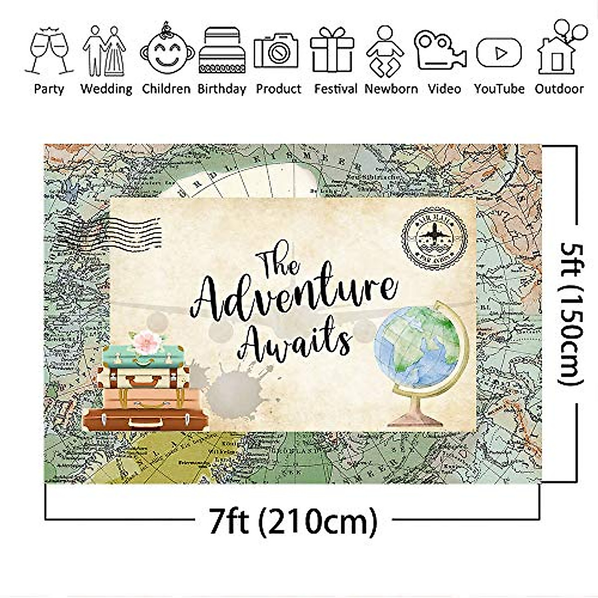 Mocsicka Adventure Awaits Backdrop You'll Go Baby Shower Photo Backdrops World Map Photography Background Vinyl Adventure Begins Travel Airplane Photo Banner (7x5ft)
