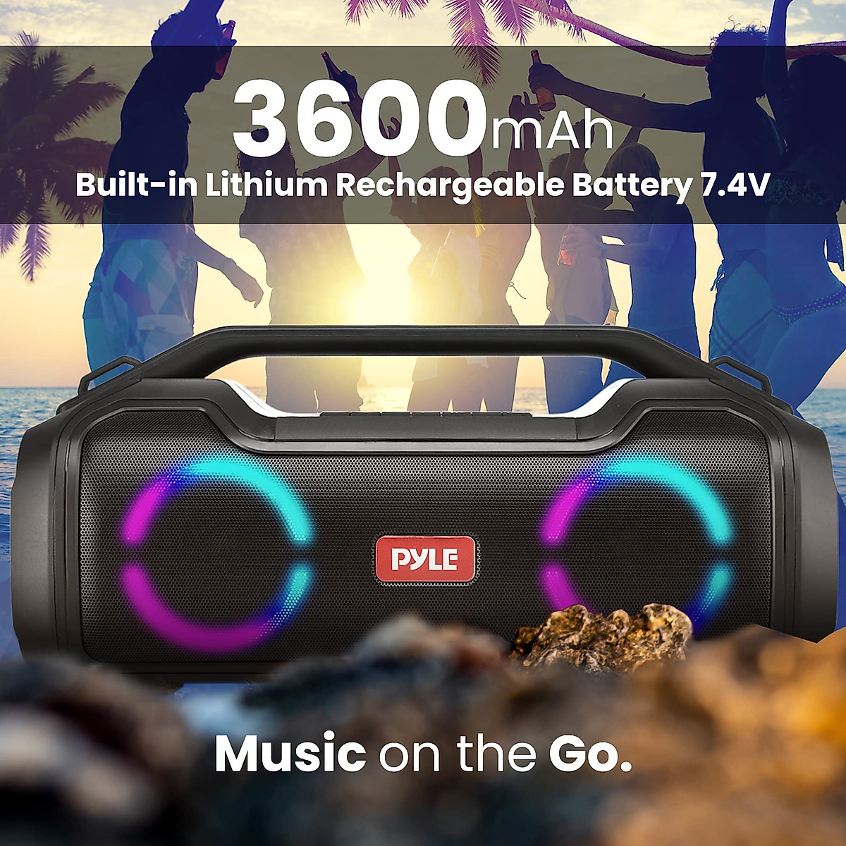 Pyle Wireless Portable Bluetooth Boombox Speaker - 40W 2Ch Waterproof Rechargeable Speaker Loud Stereo System w/ Google Assistant / Siri Voice Control, TWS Function, Micro SD, RGB Lights - PBMKRG155