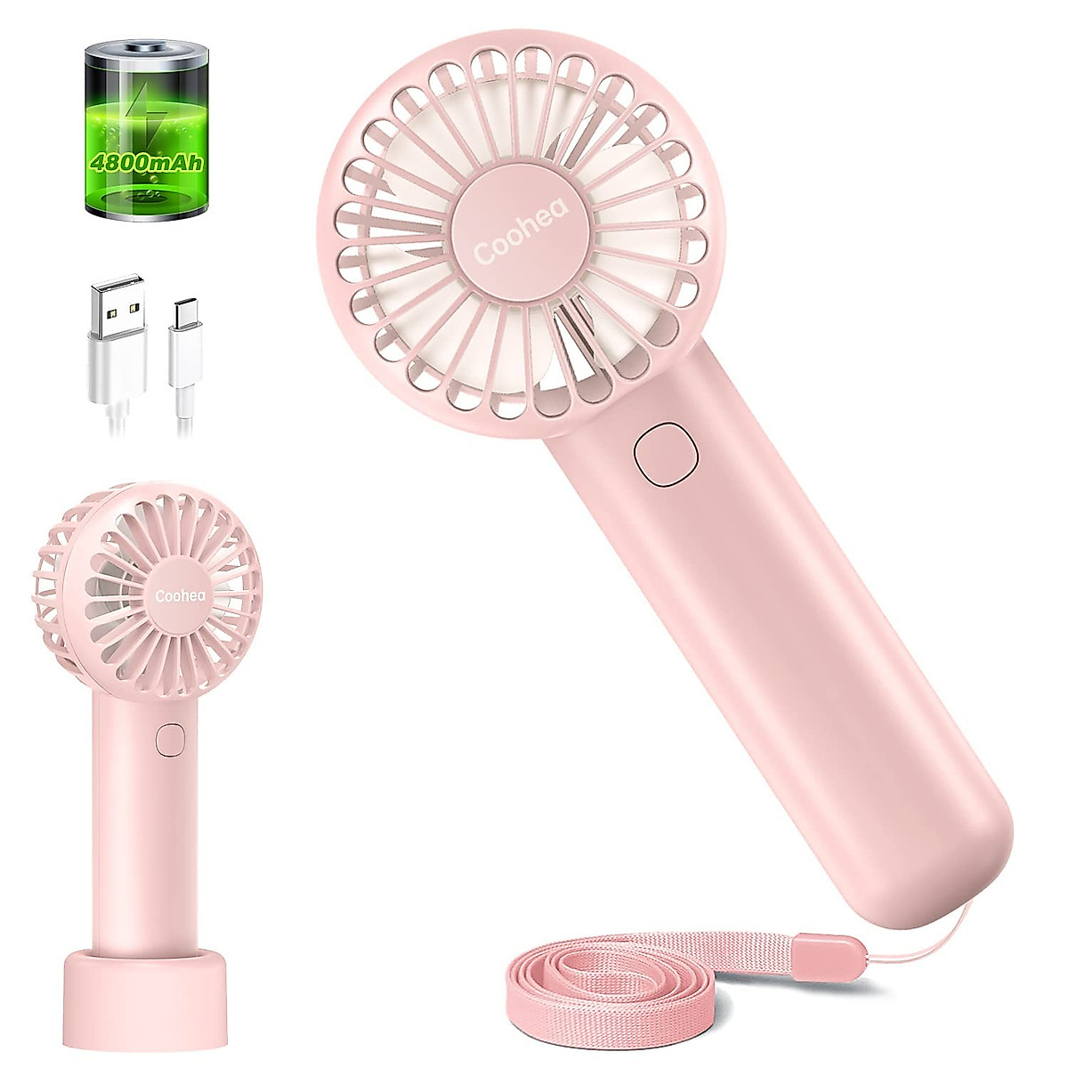Coohea Mini Handheld Fan 4800mAh Battery Portable Fan USB Rechargeable Eyelash Fan 3 Speeds Wind Powerful Makeup Fan Cute Small Fan with Base & Lanyard for Hand Held Desk Travel Beach Office, Pink