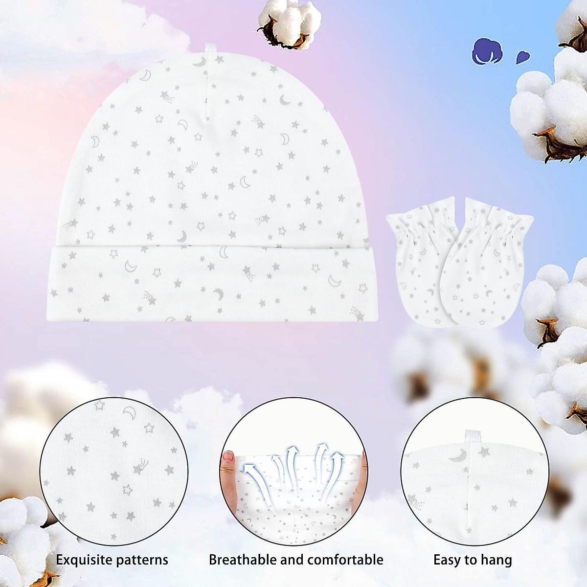 ONESING Baby Hats and Mittens Set Unisex Caps Beanie Mittens 0-6 Months Infant Hats Newborn Hats for Boys Girls, Grey, White