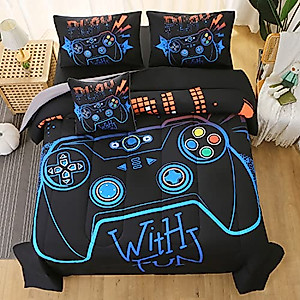 JQinHome Twin Gaming Comforter Sets for Boys,6 Piece Bed in A Bag 3D Video Game Bedding -All Season Soft Microfiber Gamer Bedding Sets for Kids, with Pillowcase, Flat Sheet, Fitted Sheet,Cushion Cover