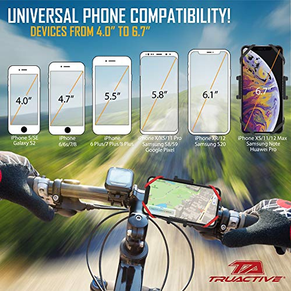 TruActive [𝗣𝗿𝗲𝗺𝗶𝘂𝗺] Bike Phone Mount Holder, Motorcycle Phone Mount, 6 Color Bands Included, Cell Phone Holder for Bike – Universal Any Phone or Handlebar, Bike Phone Holder, ATV, Tool Free
