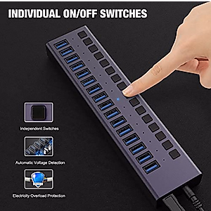 USB 3.0 Hub -16 Ports Powered USB Hub 90W USB Charging Hub with Individual On/Off Switches and 12V/7.5A Power Adapter and Lights for PC, Laptop, Computer, Mobile HDD, Flash Drive and More（Purple）