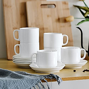 BTaT- Stackable Tea Cups and Saucers, White, Set of 6 (8 oz), Cappuccino Cups, Coffee Cups, White Tea Cup Set, British Coffee Cups, Porcelain Tea Set, Latte Cups