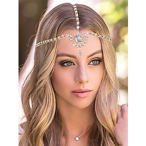 Catery Head Chain Jewelry Crystal Hair Chains Boho Headpiece Pendant Head Chain Hair Jewelry Hair Accessories for Women and Girls (Gold)