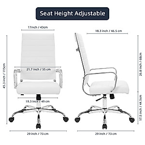 LANDSUN Home Office Chair Ribbed Leather High Back Executive Swivel Computer Desk Chairs with Wheels and Armrests Soft Padded Adjustable Height Modern Conference Chrome White