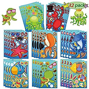 32 Sheets Reusable Make-A-Sea Face Stickers Ocean Animals DIY Art Craft Rewards for School Kid Teacher Summer Mermaid Party Favor Sticker for Birthday Gift Children Room Ocean Decorated