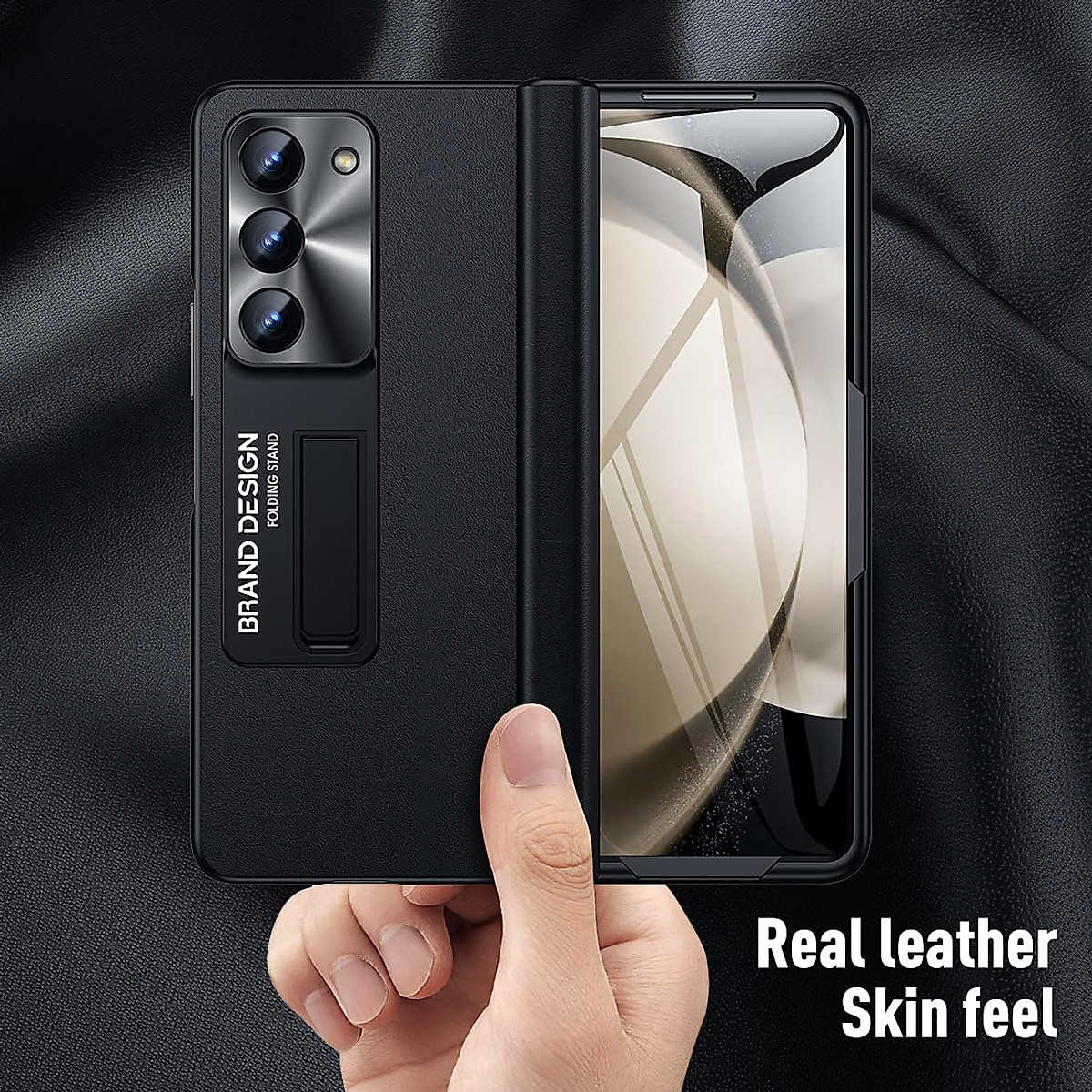 LEIAU for Samsung Galaxy Fold 5 Case: Luxury Genuine Leather case with Full Cover Hinge Protection & Screen Protector & Kickstand - Shockproof Protective Phone Case for Galaxy Z Fold 5 5G 2023 Black