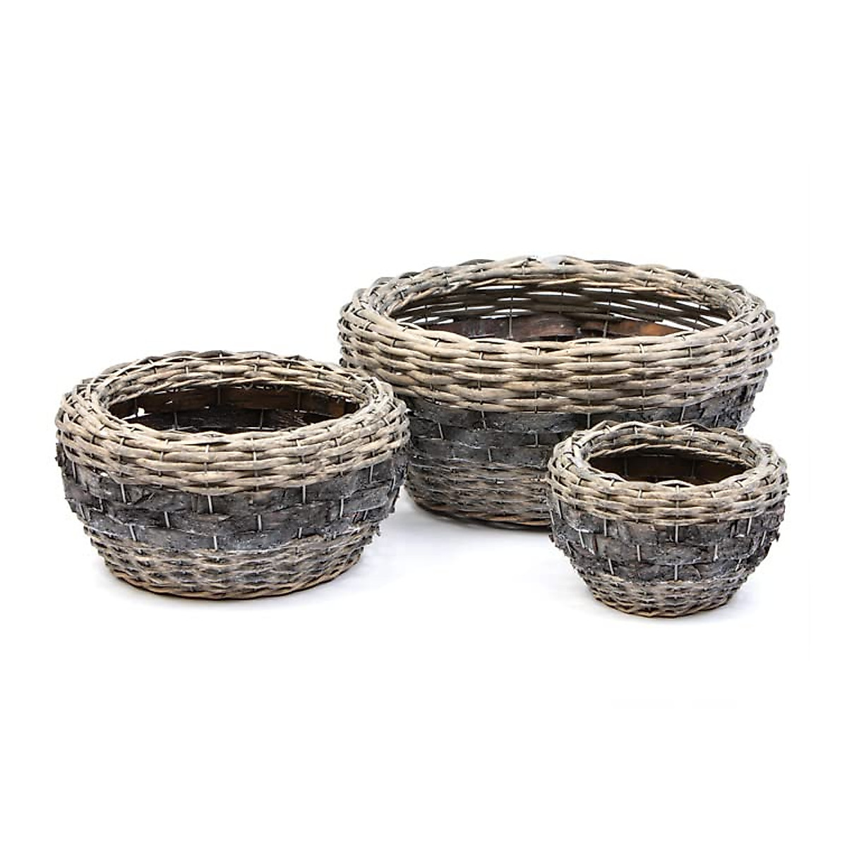 Napco Willow and Wood Woven Planter Cover Basket with Liner, 10.75 x 6, Gray