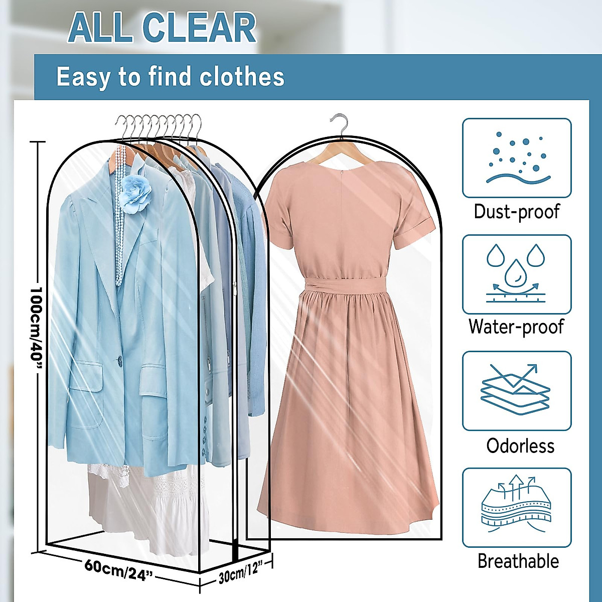 PADOLU 12" Gusseted All Clear Garment Bags for Hanging Clothes Storage 40" Dress Bags for Storage of Coats Sweater, Jacket,Dresses(3 Packs)…