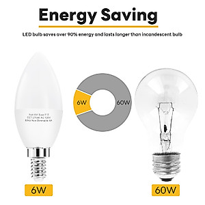 HengBo LED E12 LED Candelabra Bulbs, 60W Equivalent E12 Light Bulbs, C37 Candle Base Chandelier Light Bulbs, Non-Dimmable, Warm White 2700K, Pack of 6