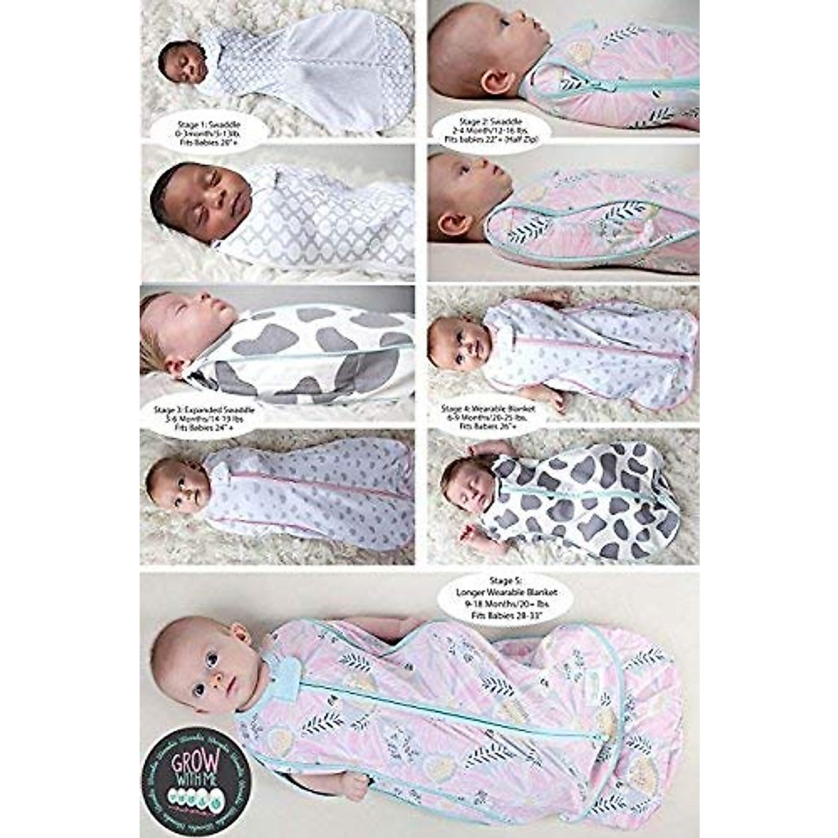 Woombie Grow with Me Baby Swaddle, Convertible Swaddle Fits Babies 0-9 Months, Expands to Wearable Blanket for Babies up to 18 Months, Stardust Grey Elephant