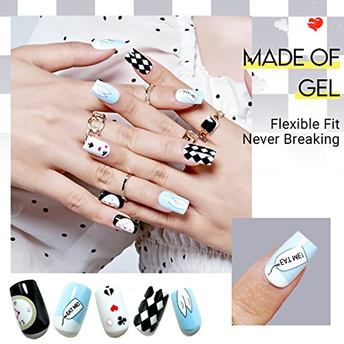Press on Nails Medium Short Square GLAMERMAID, Black White Fake Nails with Design Checkerboard 24Pcs Acrylic False Nail Kits Stick Glue on Nails Sets for Women Reusable Full Cover Gel Nails