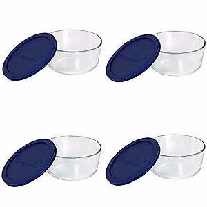 Pyrex Storage Plus 7-cup Round Glass Food Storage Dish Blue Plastic Covers (Pack of 4 Containers) Made in the USA