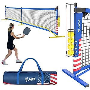 JAYA Pickleball Nets Portable Outdoor, 22FT Regulation Size Pickleball Net with Carrying Bag for Driveway Backyards Blue with Flag Blue