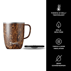 S'well Stainless Steel Mug with Handle, 12oz, Teakwood, Triple Layered Vacuum Insulated Containers Keeps Drinks Colder and Hotter for Longer, BPA Free