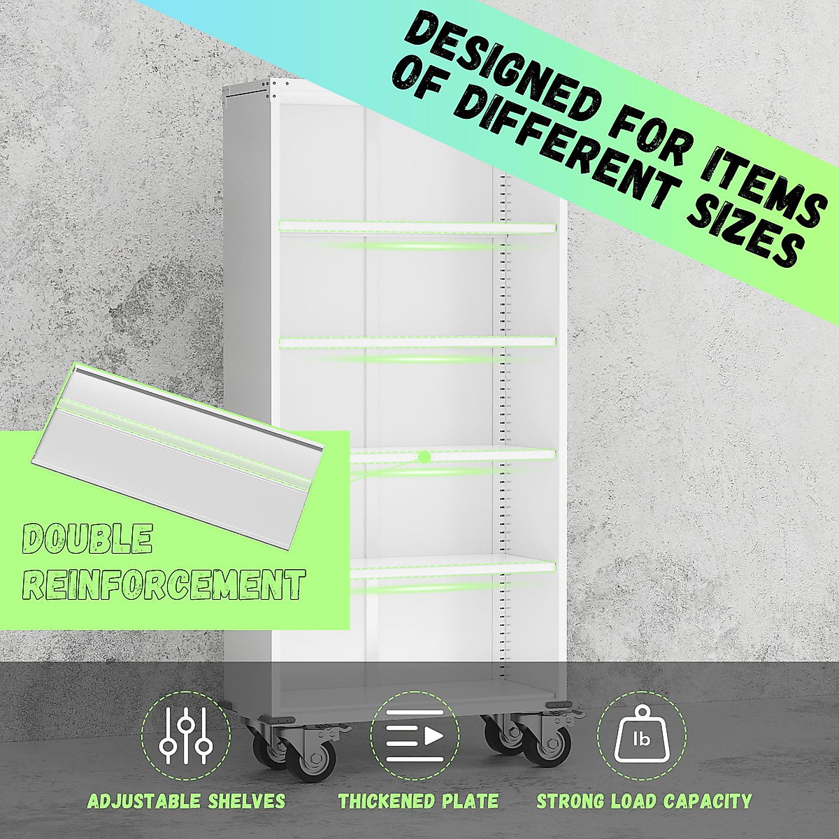 INTERGREAT 72" Metal Garage Storage Cabinet with Wheels, White Steel Locking Cabinet with 2 Adjustable Shelves and Doors, Rolling Metal Tool Cabinet for Home, Office, School, Garage