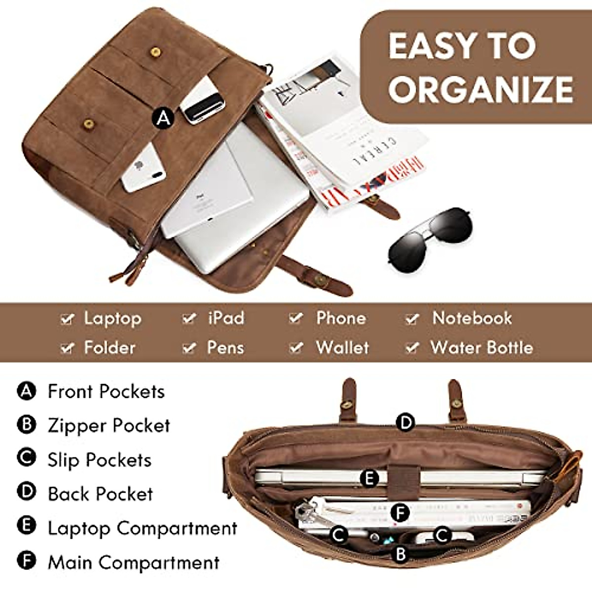 Mens Messenger Bag 15.6 Inch Waterproof Vintage Genuine Leather Waxed Canvas Briefcase Retro Office Computer Laptop Bag Large Satchel Shoulder Bag for Men Women, Brown