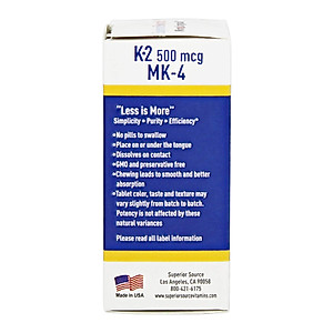 Superior Source Vitamin K2 MK-4 (Menaquinone-4), 500 mcg, Quick Dissolve MicroLingual Tablets, 60 Count, Healthy Bones and Arteries, Immune & Cardiovascular Support, Assists Protein Synthesis, Non-GMO