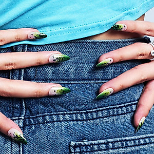 GLAMERMAID Press on Nails Almond,Green Gel False Nails with Design,24 PCS Glue on Nails,Reusable Acrylic Stick on Nails Tips Manicure Set for Women,Urban Jungle