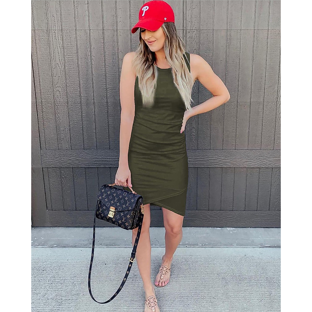 BTFBM Women 2024 Summer Sleeveless Tank Dresses Crew Neck Slim Fit Short Casual Ruched Bodycon Party Club Mini Dress(Dark Green 2, Medium)