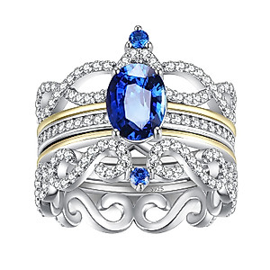 JewelryPalace Infinity Knot 1.8ct Blue Sapphire Solitaire Engagement Rings Women, Vintage 925 Sterling Silver 14K Yellow Gold Promise Ring Her, Wave Crown Wedding Band Enhancer Ring Bridal Set 7