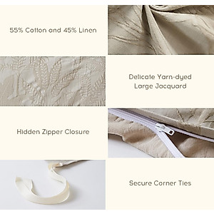 TUMEI Duvet Cover King, Jaguard Floral Duvet Cover King Size, Linen Cotton Blend Floral Leaf Patten Duvet Cover Set with Zipper and 2 Pillowcases, Soft and Breathable Khaki Bedding Set (No Comforter)